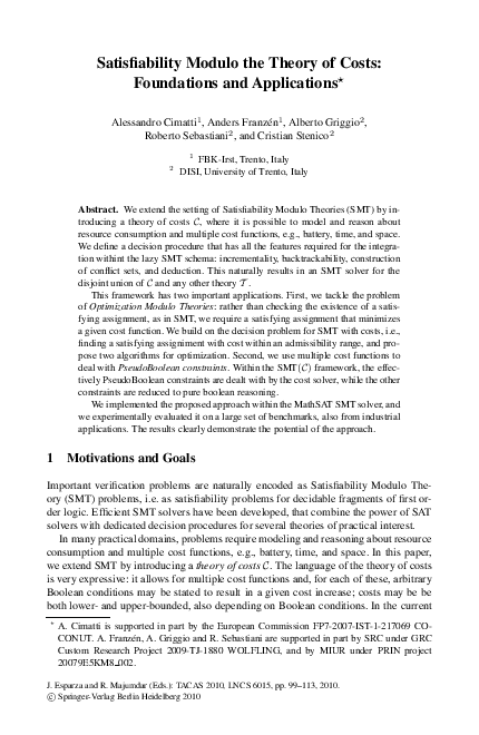 Pdf Satisfiability Modulo The Theory Of Costs Foundations And Applications
