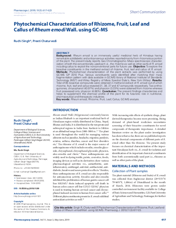 (PDF) Phytochemical Characterization of Rhizome, Fruit, Leaf and Callus of Rheum emodi Wall ...