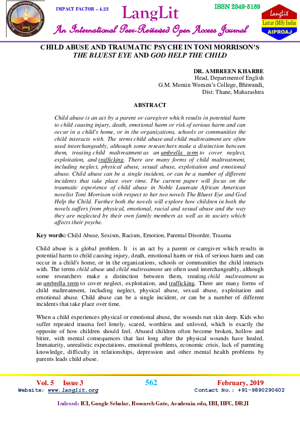 (PDF) CHILD ABUSE AND TRAUMATIC PSYCHE IN TONI MORRISON'S THE BLUEST ...