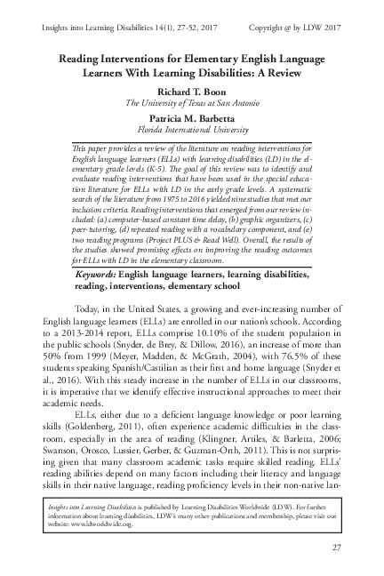 (PDF) Reading Interventions for Elementary English Language Learners with Learning Disabilities ...