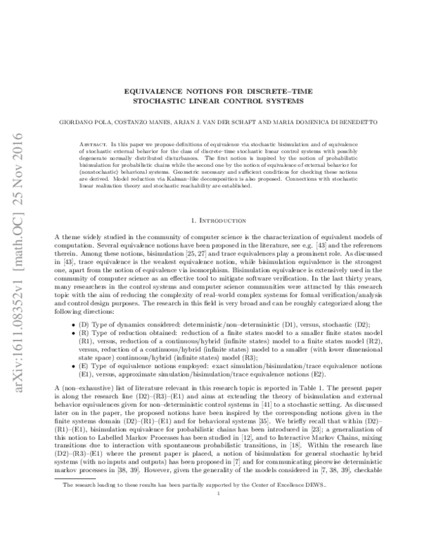 Pdf Equivalence Notions For Discrete Time Stochastic Linear Control Systems