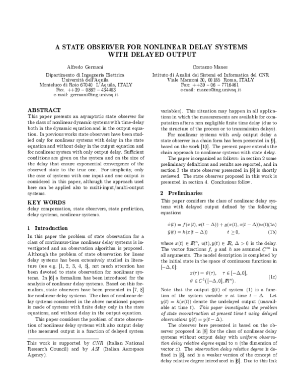 (PDF) A State Observer for Nonlinear Delay Systems with Delayed Output