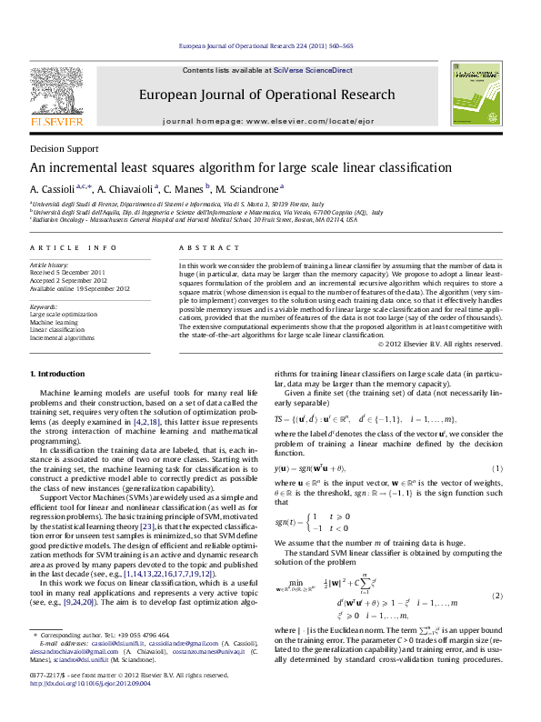 Pdf An Incremental Least Squares Algorithm For Large Scale Linear