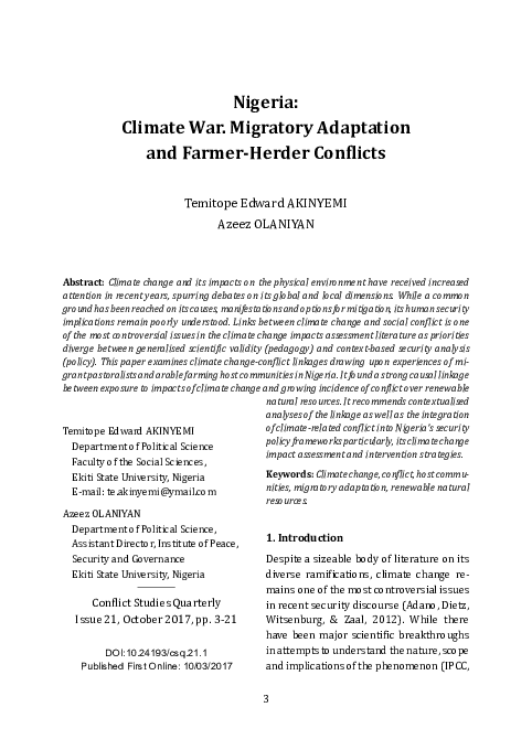 (PDF) Nigeria: Climate War. Migratory Adaptation and Farmer-Herder Conflicts