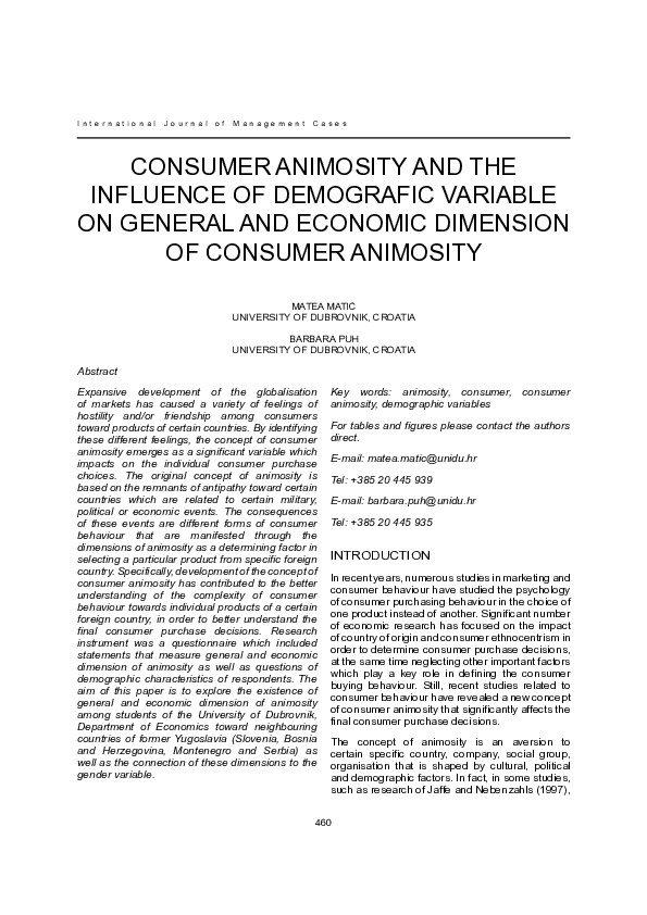 (PDF) Consumer Animosity and the Influence of Demografic Variable on ...
