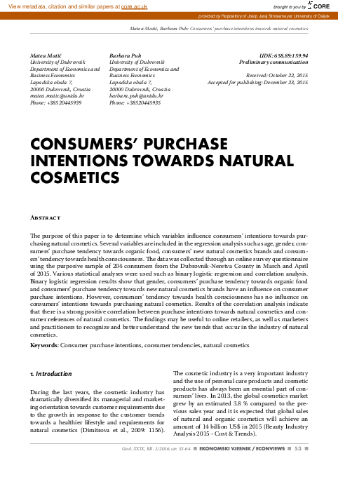 (PDF) Consumers’ Purchase Intentions Towards Natural Cosmetics