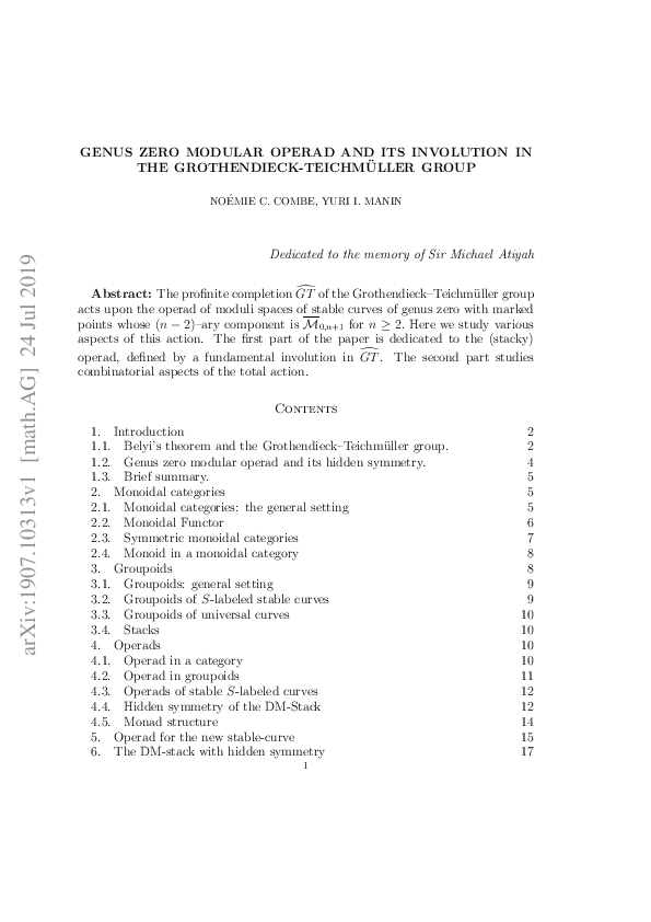 (PDF) Genus zero modular operad and its involution in the Grothendieck-Teichmuller group