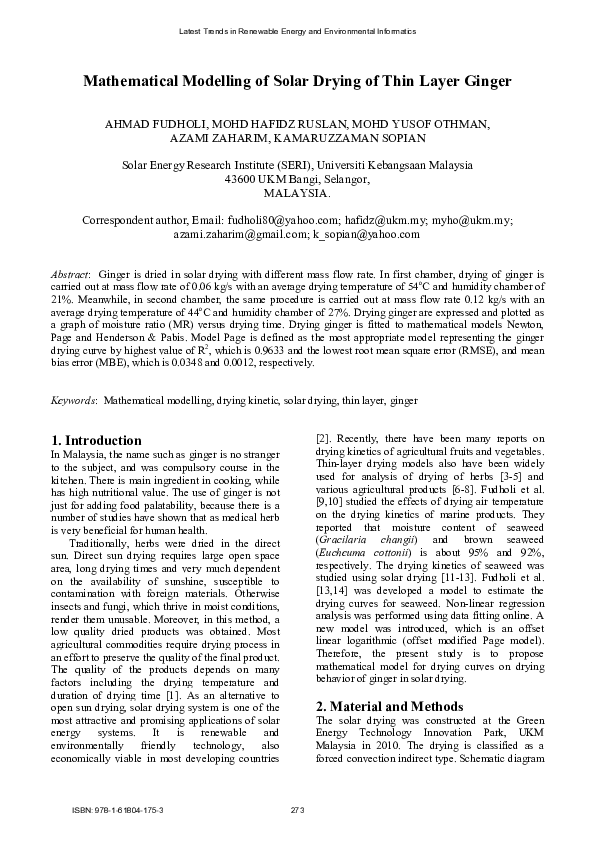 (PDF) Mathematical Modelling of Solar Drying of Thin Layer Ginger