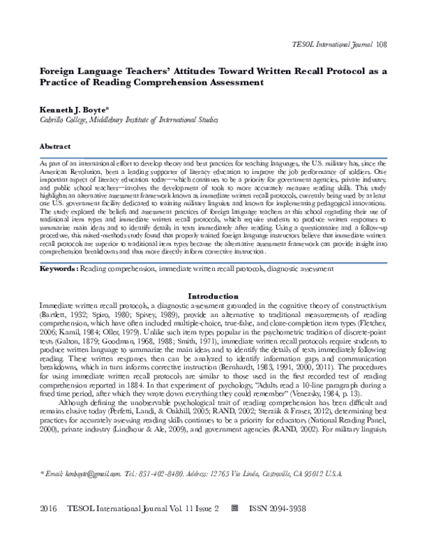 (PDF) Foreign Language Teachers' Attitudes toward Written Recall Protocol as a Practice of ...
