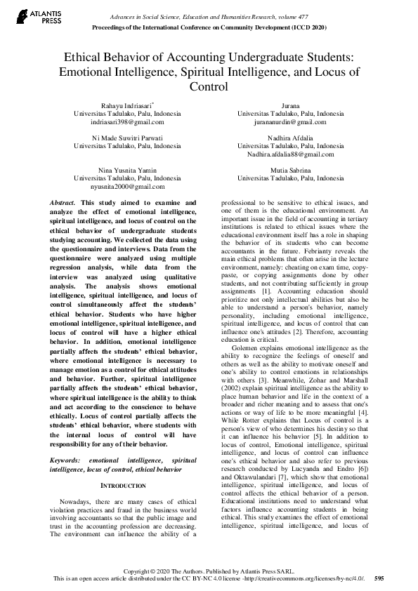 (PDF) Ethical Behavior of Accounting Undergraduate Students: Emotional Intelligence, Spiritual ...
