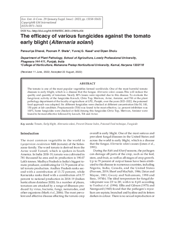 (PDF) The efficacy of various fungicides against the tomato early blight (Alternaria solani)