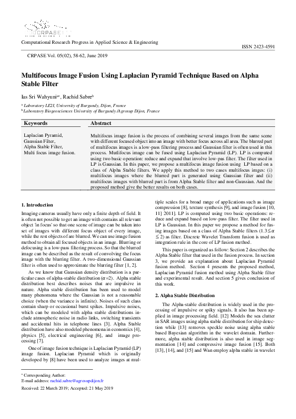 (PDF) Multifocous Image Fusion Using Laplacian Pyramid Technique Based on Alpha Stable Filter