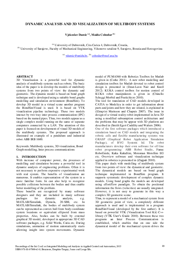 (PDF) Dynamic analysis and 3D visualization of multibody systems