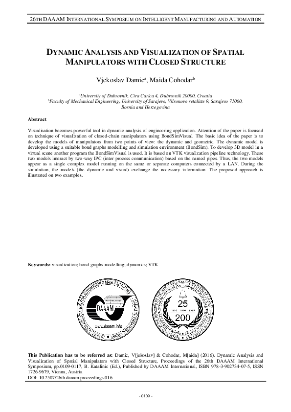 (PDF) Dynamic Analysis and Visualization of Spatial Manipulators with Closed Structure