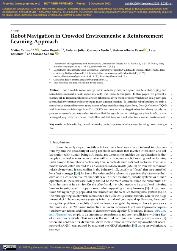 Pdf Robot Navigation In Crowded Environments A Reinforcement Learning Approach 