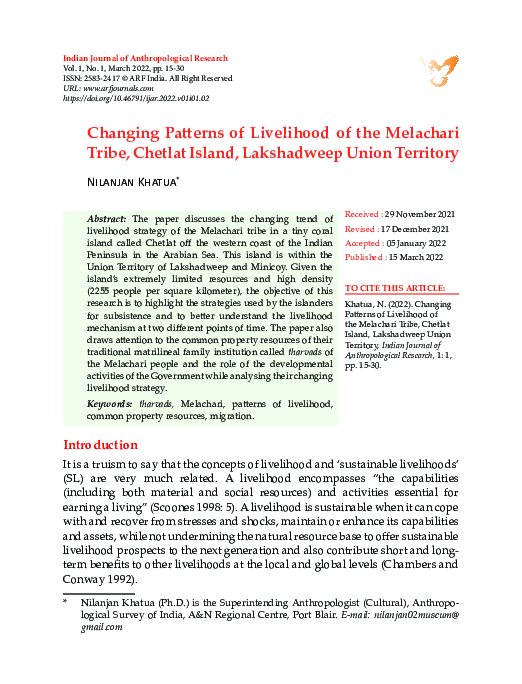 (PDF) Changing Patterns of Livelihood of the Melachari Tribe, Chetlat ...