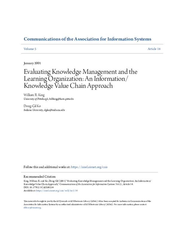 (PDF) Evaluating Knowledge Management and the Learning Organization: An Information/Knowledge ...
