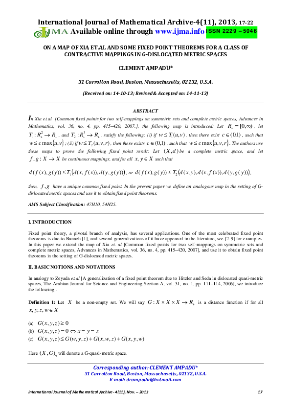 Pdf On A Map Of Xia Etal And Some Fixed Point Theorems For A Class Of Contractive Mappings In