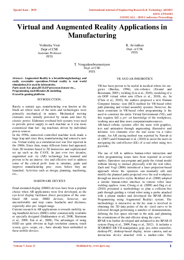 (PDF) Virtual and Augmented Reality Applications in Manufacturing