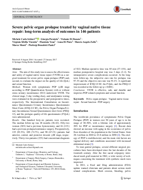 (PDF) Severe pelvic organ prolapse treated by vaginal native tissue ...