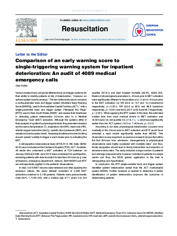 (PDF) Comparison of an early warning score to single-triggering warning ...