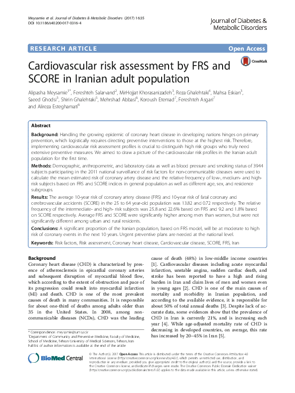 (PDF) Cardiovascular risk assessment by FRS and SCORE in Iranian adult ...