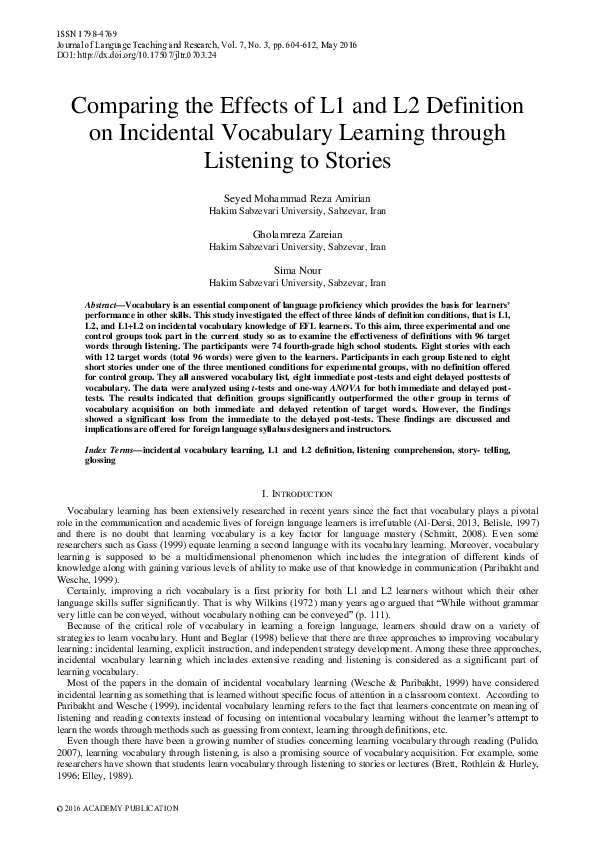 (PDF) Comparing the Effects of L1 and L2 Definition on Incidental Vocabulary Learning through ...