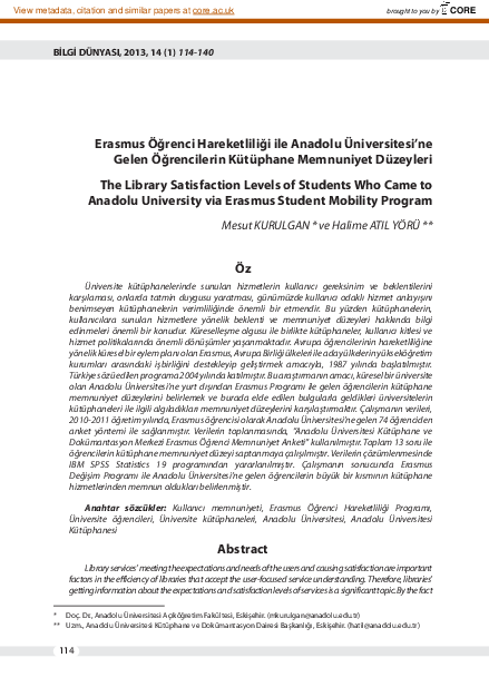 (PDF) The Library Satisfaction Levels of Students Who Came to Anadolu University via Erasmus ...