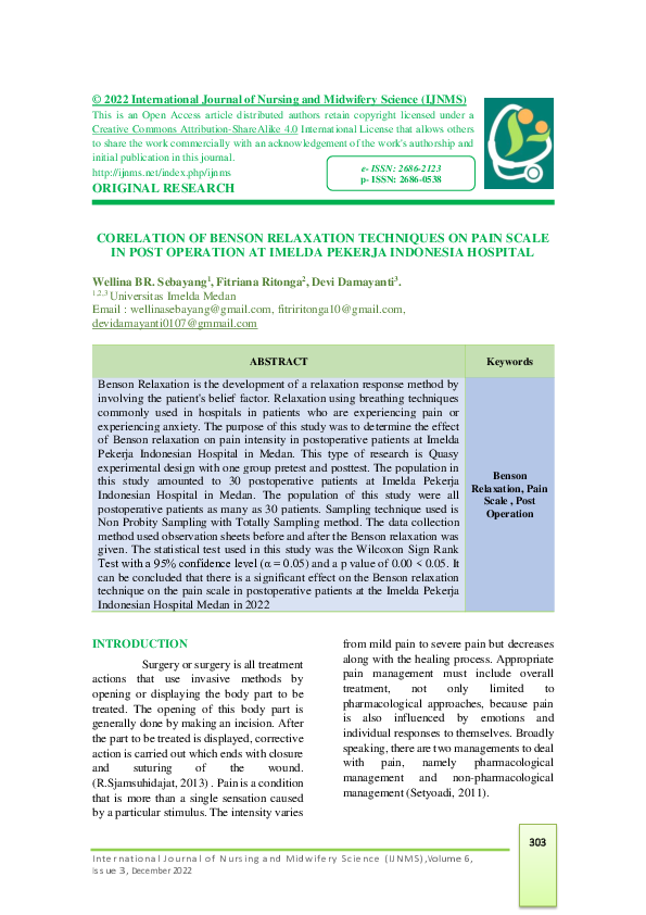 (PDF) The Effect of Benson Relaxation Techniques on Pain Scale in Post ...