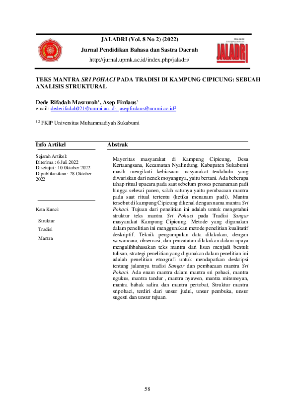 (PDF) Teks Mantra Sri Pohaci Pada Tradisi DI Kampung Cipicung: Sebuah ...