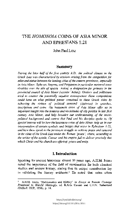 (PDF) The Homonoia Coins of Asia Minor and Ephesians 1:21