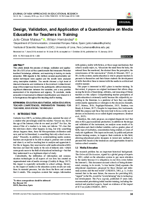 (PDF) Design, Validation, and Application of a Questionnaire on Media Education for Teachers in ...