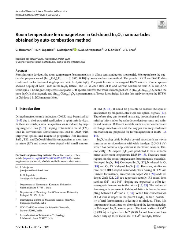 (PDF) Room temperature ferromagnetism in Gd-doped In2O3 nanoparticles obtained by auto ...