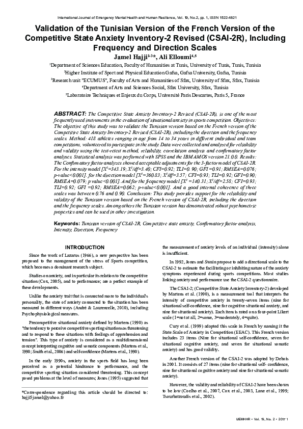 (PDF) Validation of the Tunisian Version of the French Version of the Competitive State Anxiety ...