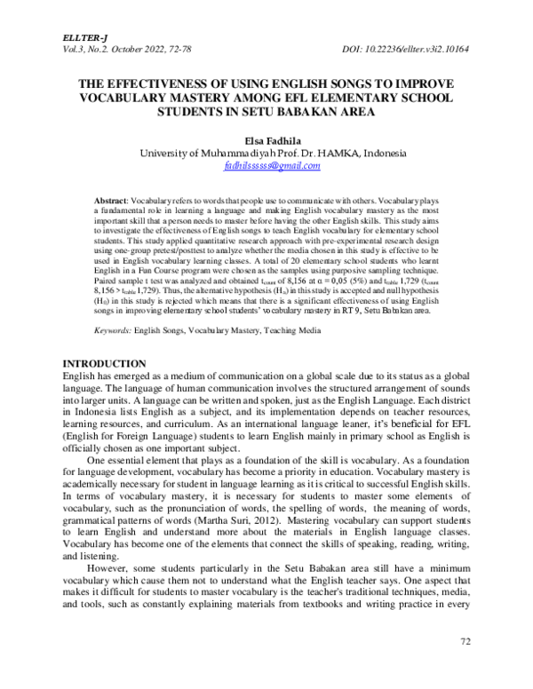 (PDF) THE EFFECTIVENESS OF USING ENGLISH SONGS TO IMPROVE VOCABULARY ...