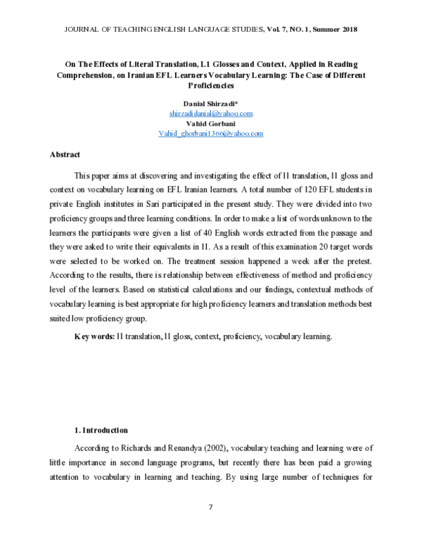 (PDF) On The Effects of Literal Translation, L1 Glosses and Context, Applied in Reading ...