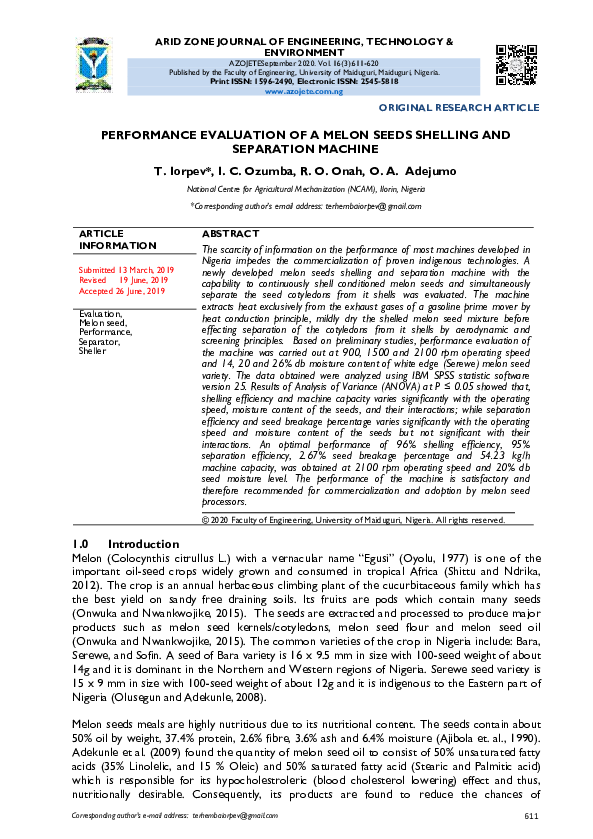 (PDF) Performance Evaluation of a Melon Seeds Shelling and Separation ...