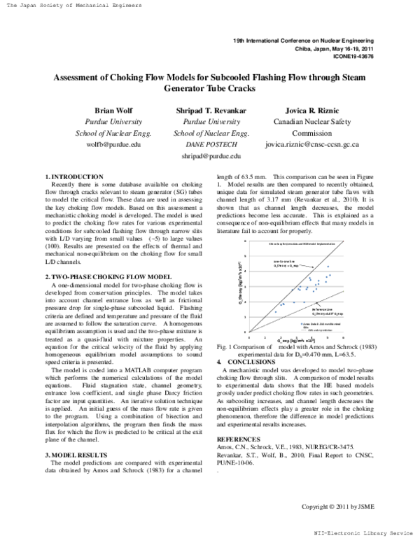 (PDF) ICONE19-43676 Assessment of Choking Flow Models for Subcooled Flashing Flow through Steam ...