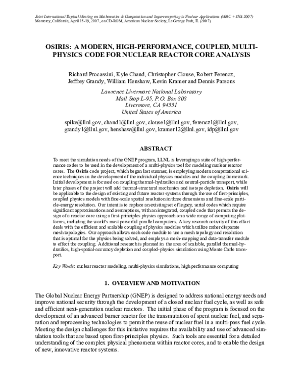 (PDF) Osiris: A Modern, High-Performance, Coupled, Multi-Physics Code For Nuclear Reactor Core ...
