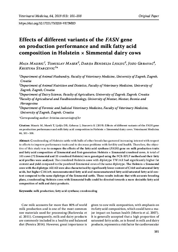 (PDF) Effects of different variants of the FASN gene on production performance and milk fatty ...