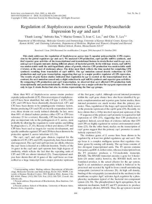(PDF) Regulation of Staphylococcus aureus Capsular Polysaccharide Expression by agr and sarA