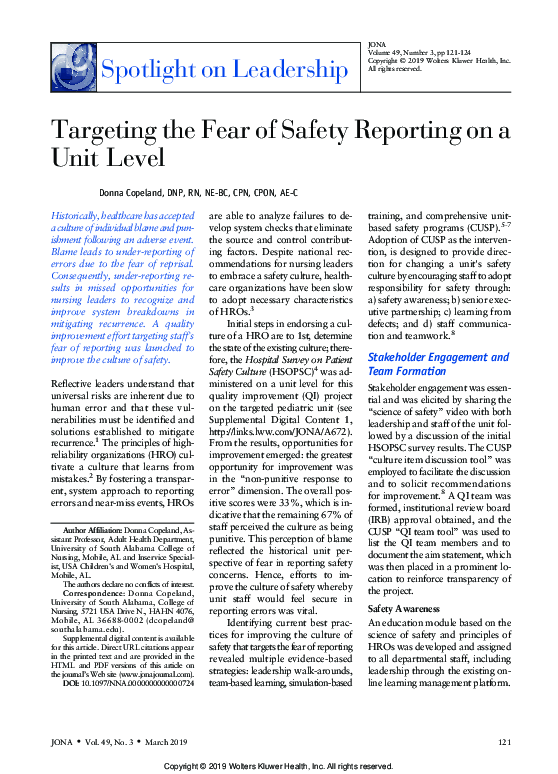 (PDF) Targeting the Fear of Safety Reporting on a Unit Level