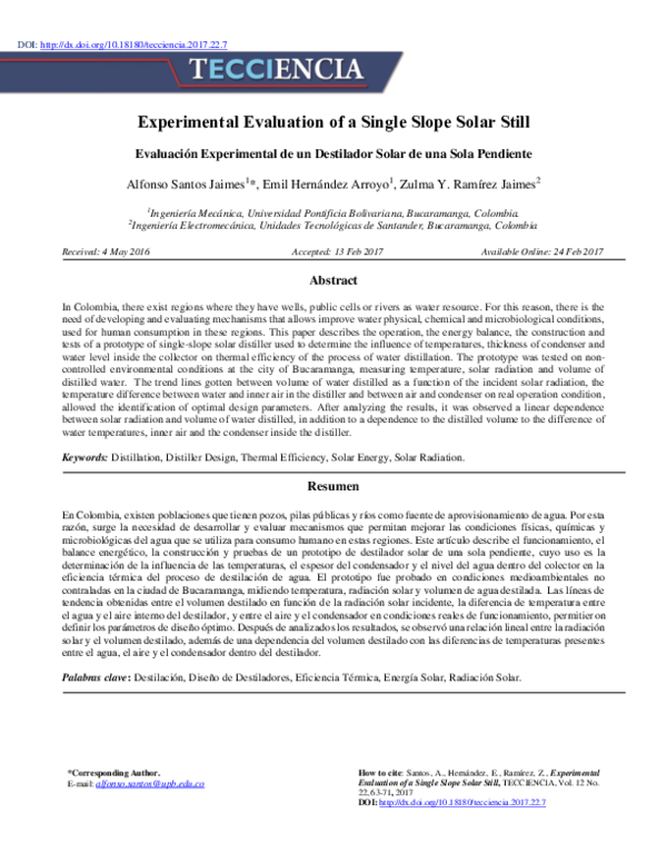 (PDF) Experimental evaluation of a single slope solar still