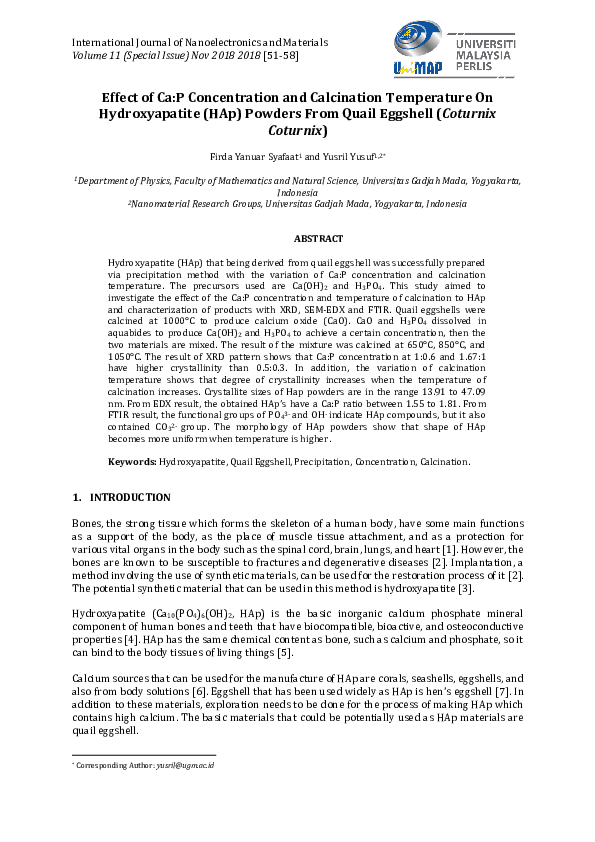 (PDF) Effect of Ca:P Concentration and Calcination Temperature On Hydroxyapatite (HAp) Powders ...