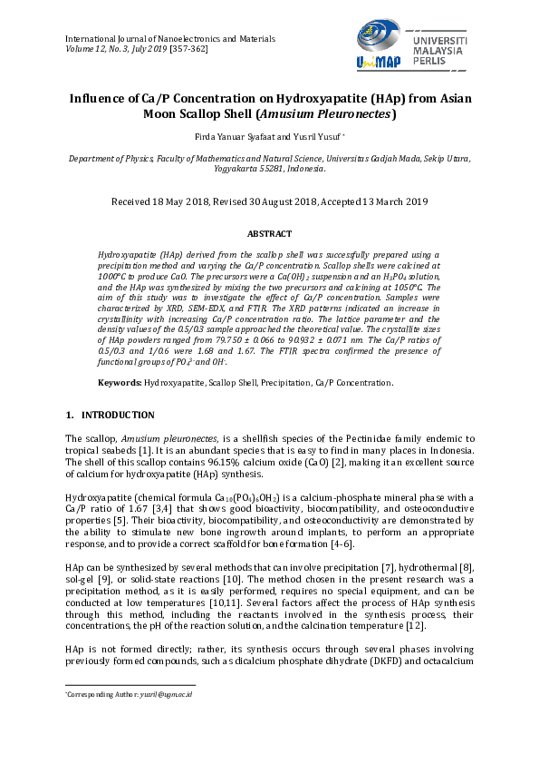 (PDF) Influence of Ca/P Concentration on Hydroxyapatite (HAp) from ...