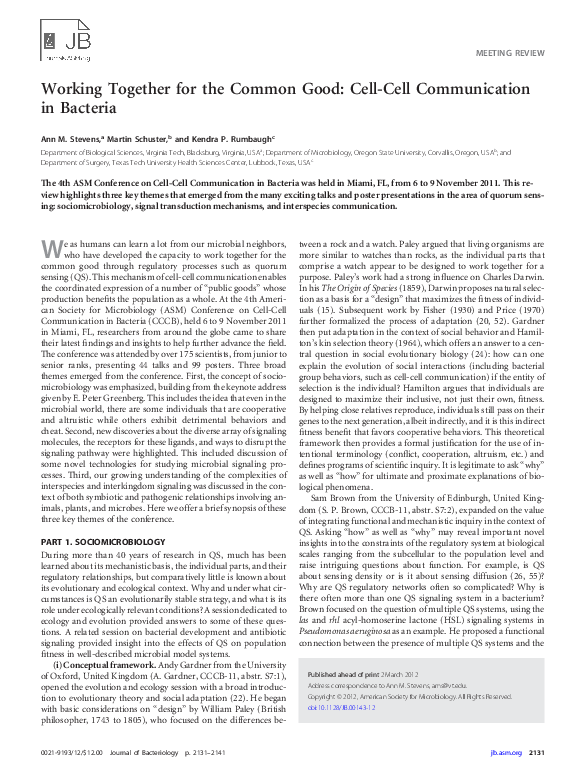 (PDF) Working Together for the Common Good: Cell-Cell Communication in ...