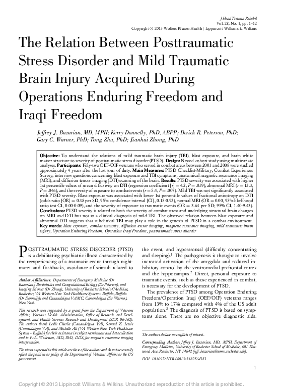(PDF) The Relation Between Posttraumatic Stress Disorder and Mild Traumatic Brain Injury ...