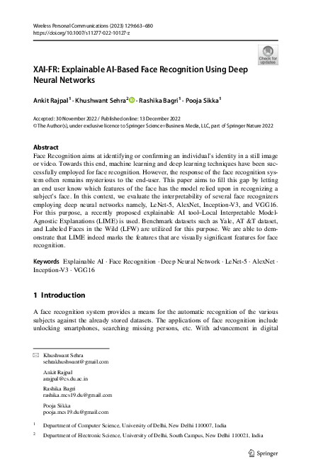 (PDF) XAI-FR: Explainable AI-Based Face Recognition Using Deep Neural Networks