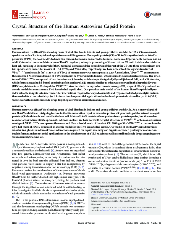 (PDF) Crystal Structure of the Human Astrovirus Capsid Protein | Mark Yeager - Academia.edu