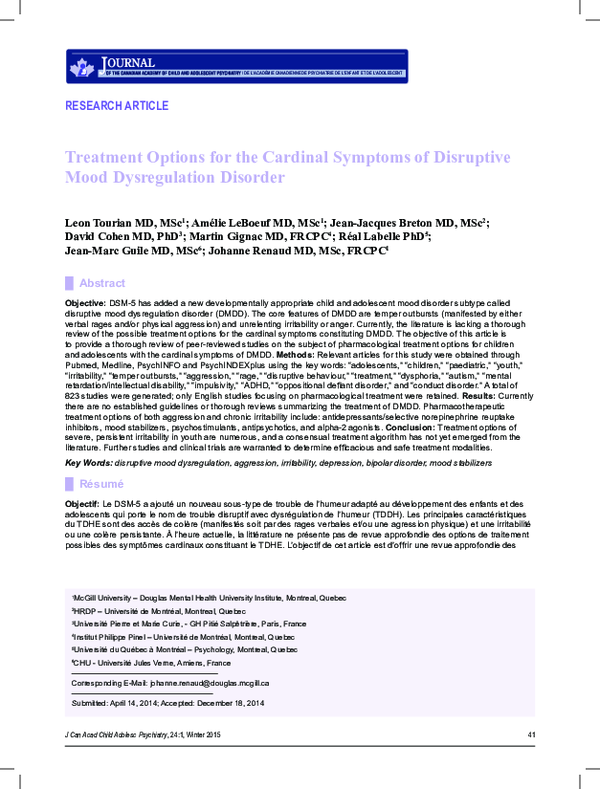 (PDF) Treatment Options for the Cardinal Symptoms of Disruptive Mood Dysregulation Disorder